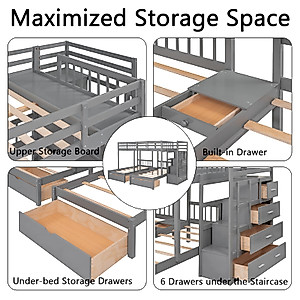 Harper & Bright Designs Triple Bunk Beds with Drawers, Wood Full Over Twin & Twin Bunk Bed with Storage Staircase, Triple Bed for Kids,3 Bed Bunk Beds with Storage for Girls Boys,Grey