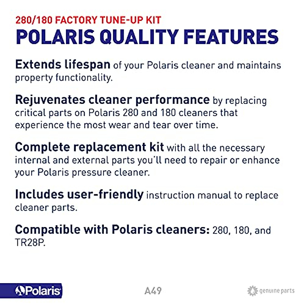 Polaris A49 180/280 Parts Tune Up Kit Compatible with Models 280, TR28P, 180 Pressure-Side Pool Cleaner, White