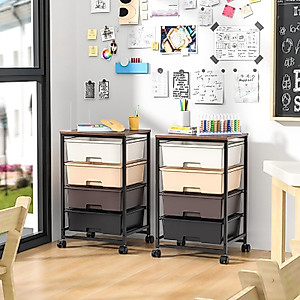 TOOLF Utility Cart with Drawers and Wooden Tabletop,4 Drawers Rolling Storage Cart,Arts and Crafts Organizer Storage Cart for Bedroom,Kid's Room,Dorm,Classroom,Office,Brown