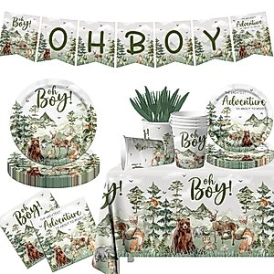 Let The Adventure Begin Baby Shower Tableware,Woodland Baby Shower Plates and Napkins Decorations Cups Banner Tablecloth for Adventure Awaits Baby Shower Boy Mountain Party Decorations