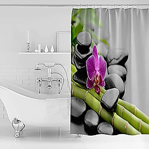 ZOE STORE 72" x 84" Shower Curtain with Hooks, Zen Basalt Stone Orchid Flower and - Waterproof Polyester Cloth Bath Curtains Sets for Bathroom Decoration