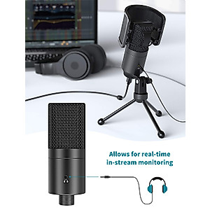 FIFINE USB Desktop Microphone 3.5mm/6.35mm Headphones for Studio Monitor, PC Microphone with Gain Control and Mute Button, Black Podcast Headphones with Coiled Cables, Soft Earmuffs (K683A+H8)