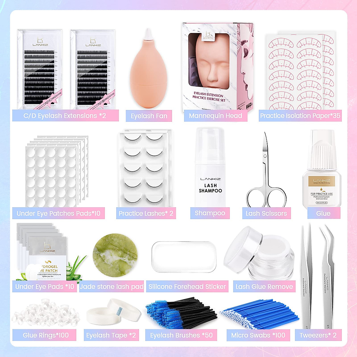 LANKIZ Eyelash Extension Kit, 448pcs Lash Practice Kit, Lash Kit for Eyelash Extensions Beginners, Eyelash Extension Supplies with Lash Mannequin Head for Training Makeup Practice