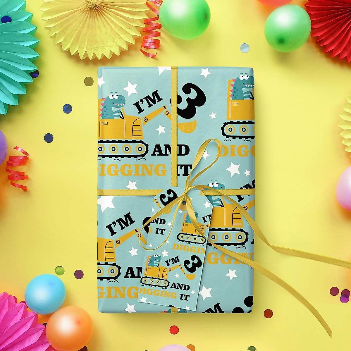 WRAPAHOLIC 3rd Birthday Wrapping Paper Sheet - 6 Sheets Adorable Dinosaurs Driving Digger Design Folded Flat for Birthday, Party, Baby Showers - 19.7 Inch X 27.5 Inch Per Sheet