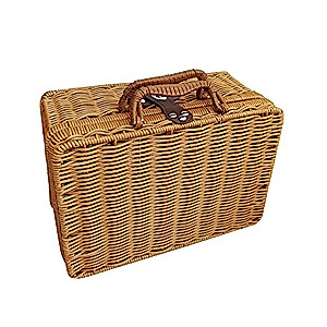 MISNODE Rattan suitcase, Rattan Storage Basket Makeup Organizer, Vintage Rattan Handbag, Straw Storage Box with Handles, Leather Strap Metal Lock Retro Suitcase Prop Box, Artificial Woven Organizer, L