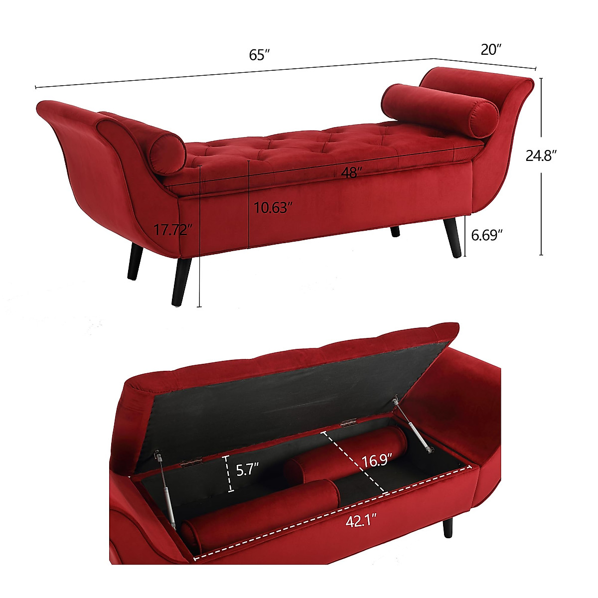 RXRRXY Velvet Storage Bench for Bedroom,Eed of Bed Bench with Ottoman, Button Tufted King Size Upholstered Benches with Armrest and 4 Sturdy Wooden Legs for Entryway, Living Room (Red)
