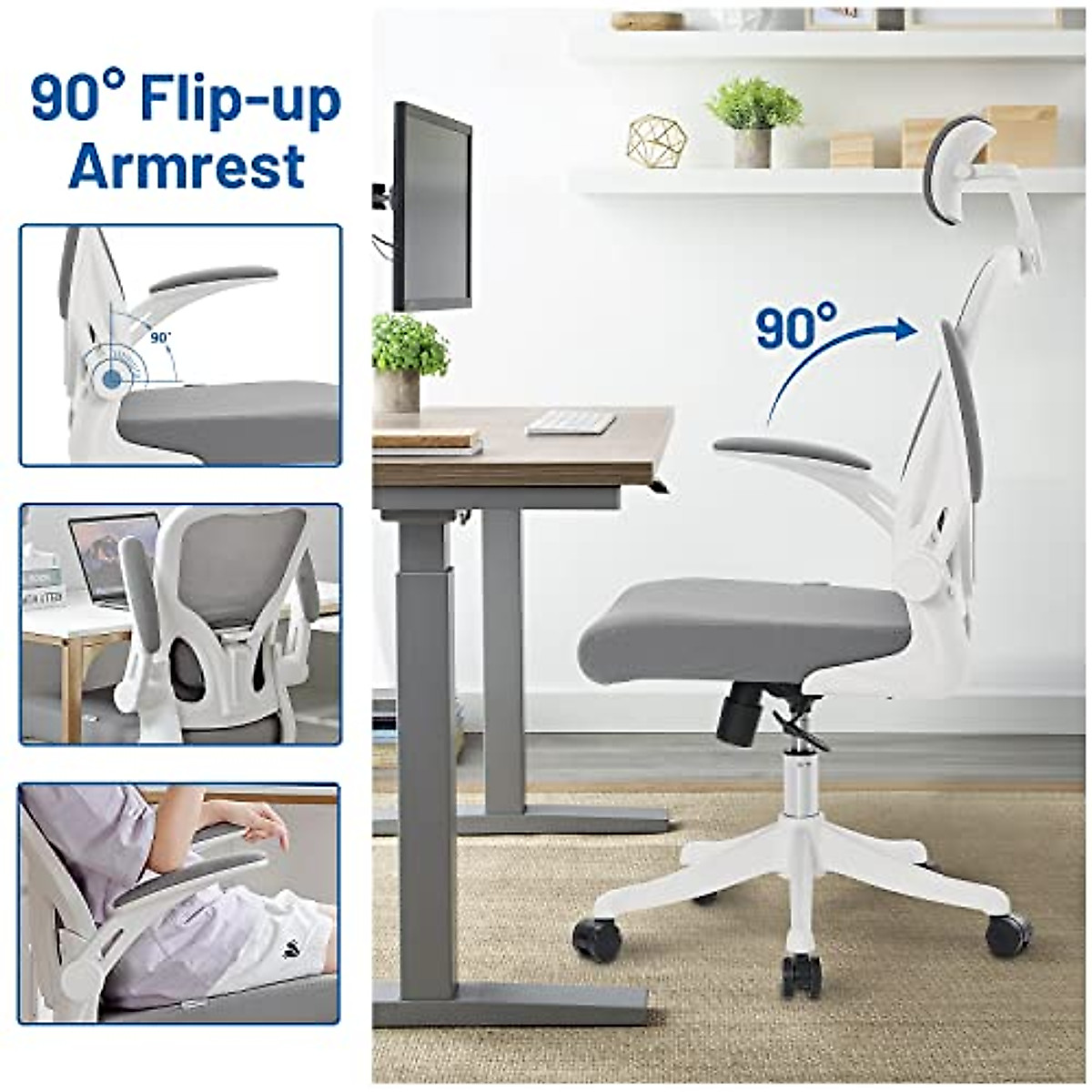 HOFFREE Ergonomic Office Chair High Back Executive Mesh Desk Chair with Adjustable Lumbar Support Headrest and Flip-up Armrest Swivel Task Chair for Home Office Chair Grey and White