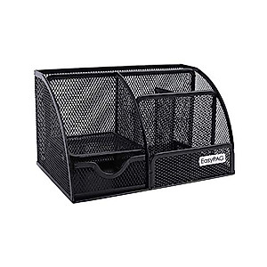 EasyPAG Desk Organizer Mesh Desktop Office Supplies Multi-functional Caddy Pen Holder Stationery with 6 Compartments and 1 Drawer for Office, Home, School, Classroom, Black