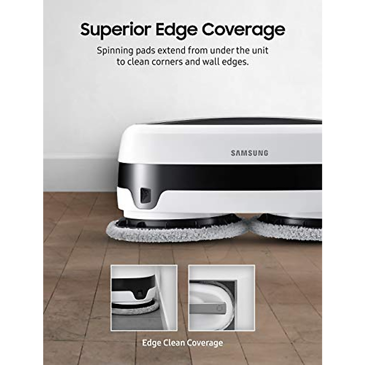 SAMSUNG Jetbot Mop, Cordless Robot Floor Cleaner, Wet Cleaning w/ Dual Spinning Pads, Smart Sensor to Clean Tile, Vinyl, Laminate, Hardwood Floors, Long Battery Life, VR20T6001MW, White