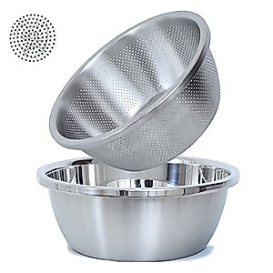 304 Stainless Steel Microporous Colander, 1.5QT Large Capacity with Mixing Bowl For washing vegetables, fruit and rice and for draining cooked pasta(2PC)