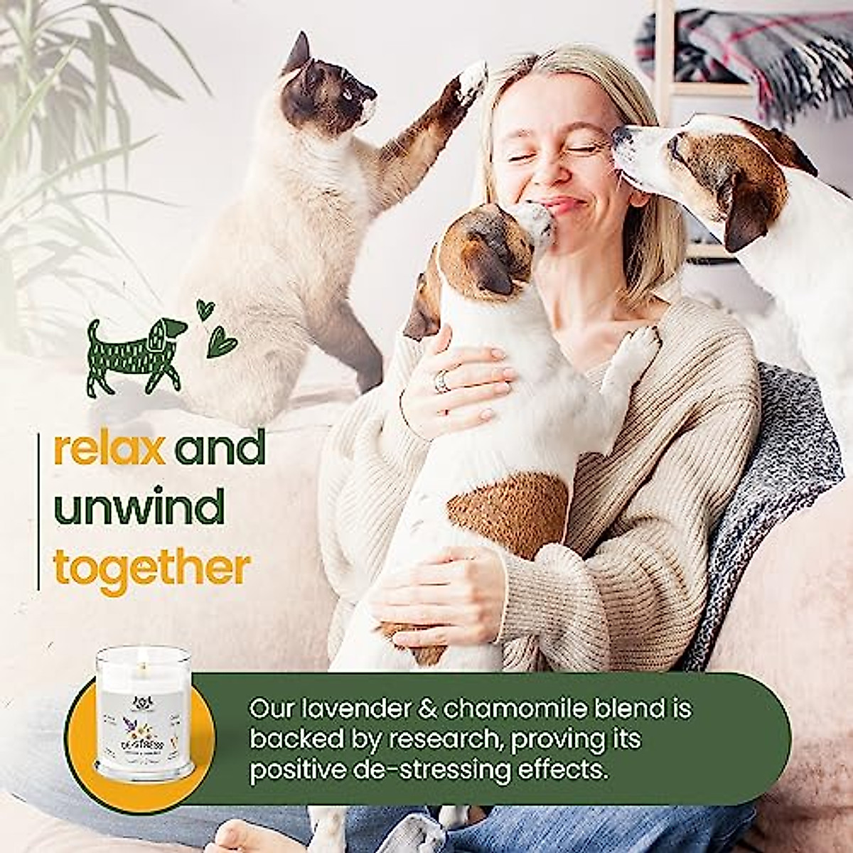Gerrard Larriett - Deodorizing Soy Candles for Pets, Scented Candles for Removing Pet/Household Odors, Lasts up to 40 Hours, White Candles for Home Scented with De-Stress Lavender & Chamomile Fragrance, 10 oz