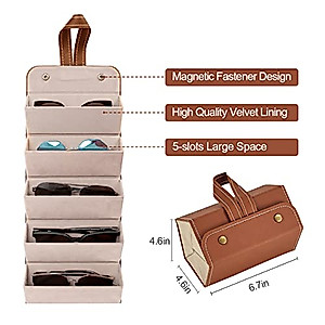ORWCEZUE Sunglasses Organizer Box with 5 Slots, Foldable Travel Glasses Case Storage Eyewear Holder Hanging Sunglasses Display Box (5 Slots, Brown)