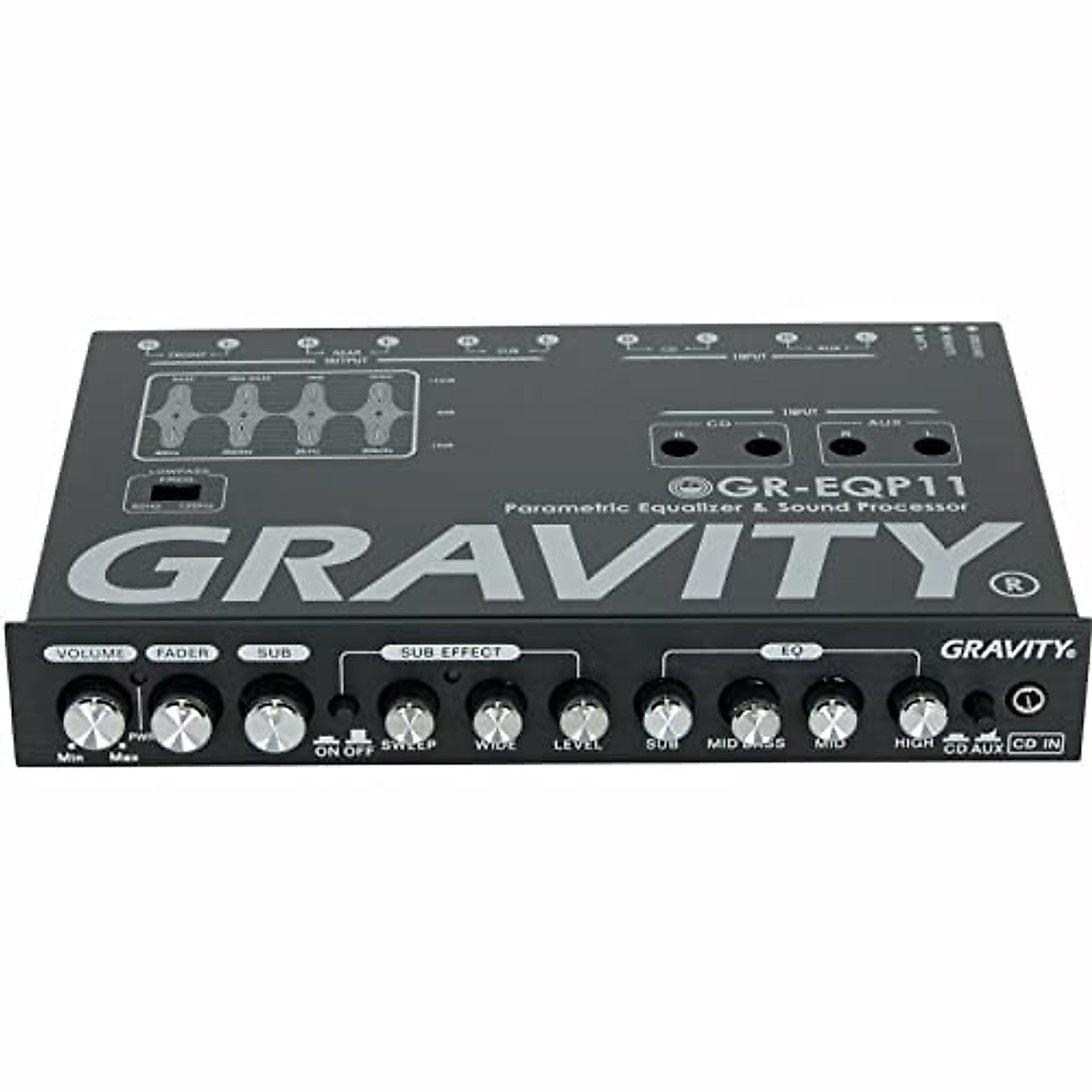 Gravity GR-EQP11 Digital Bass Machine 1/2 Din 9V 4-Way Car Parametric Equalizer w/Front, Rear + Sub Output and Night Illumination