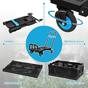 LemoHome Folding Hand Truck Dolly with Basket,Heavy Duty Truck Dolly,330LB Capacity Foldable Hand Cart,Portable Dolly with Telescoping Handle and Rubber Wheels,Dolly Cart with Bungee Cords for Moving