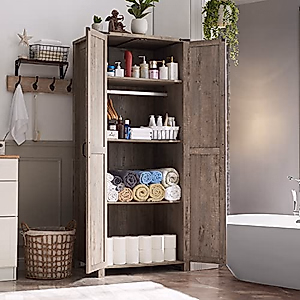 OKD Storage Cabinet, 32'' Farmhouse Armoire w/Adjustable Shelves, Rustic Pantry w/2 Barn Doors & Hanging Rod, Versatile Storage for Kitchen, Bathroom, Laundry, or Utility Room, Light Rustic Oak