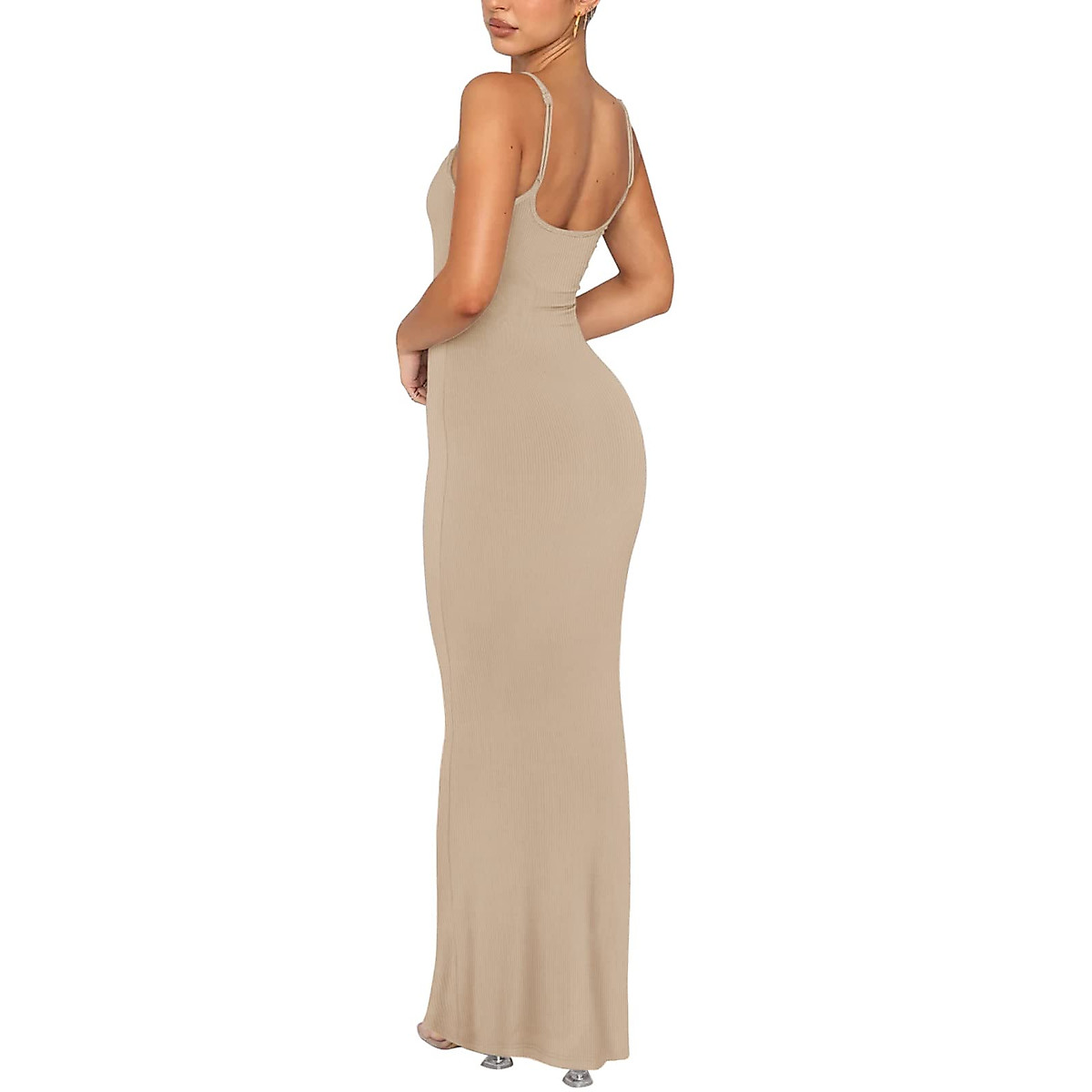 REORIA Women's Sexy Casual Lounge Slip Long Dress Elegant Wedding Guest Sleeveless Backless Ribbed Bodycon Maxi Dresses Khaki X-Large