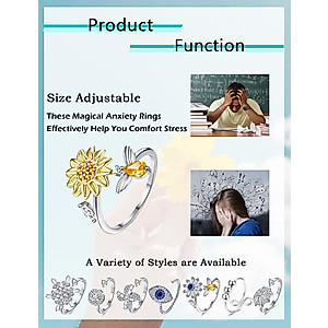 Akeoqi Fidget Anxiety Rings Rotatable Stress Relief Bead Ring Size Adjustable Open Design Ring Spinner Fidget Ring Inlaid Cubic Zirconia Round CZ Shape Ring Jewelry for Women Gifts