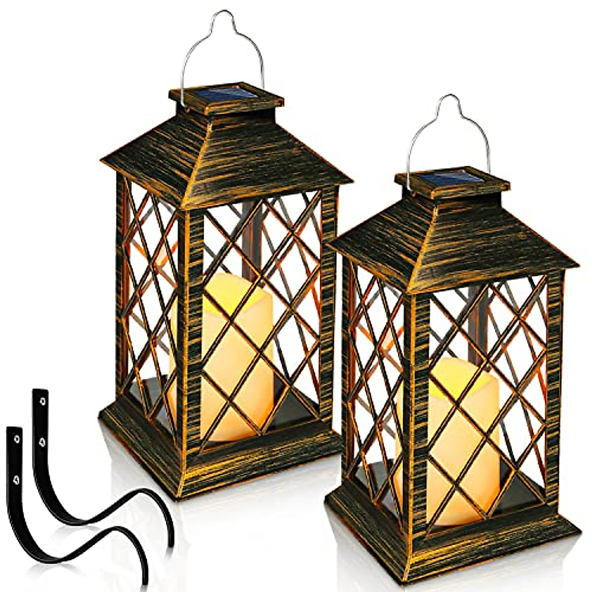 Fuairmee Solar Lanterns Outdoor Waterproof, Set of 2 Hanging Lantern with Brackets, 14 inch LED Flickering Flameless Candle Lights, Outdoor Lanterns for Front Porch Pathway Courtyard Party Patio