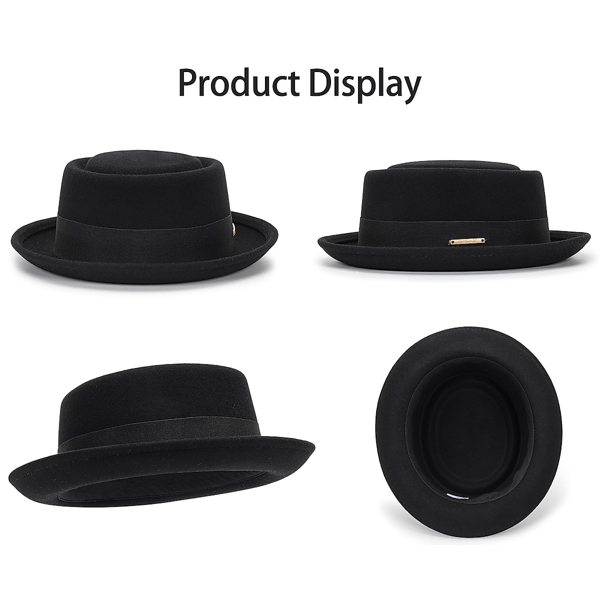 Classic 1920s Pure-Wool Roll-Brim Pork- Pie Fedora-Hat Men Women - Crushable Short-Brim Church Hat Boater-Hat Black