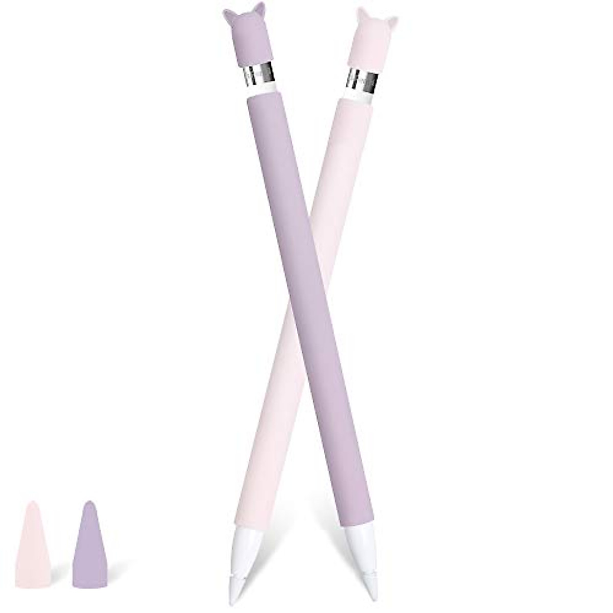 2 Pack Case for Apple Pencil 1st Generation Holder Sleeve Cover Accessories, Cute Cat Silicone Grip Skin with Charging Cap and 2 Protective Nib Covers for iPad Pro 9.7/10.5/12.9-Pink,Purple