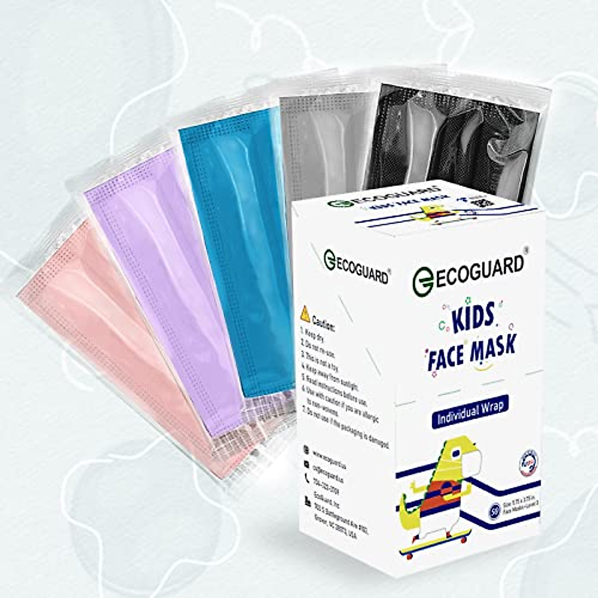 EcoGuard Kids Face Masks Disposable Made in USA, 4 Ply 5 Colored Masks Individually Wrapped Face Mask Breathable Comfortable Disposable Face Masks for Adults Small Face Men Women, 50 Pack