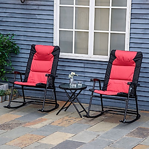 Outsunny 3 Piece Outdoor Patio Furniture Set with Glass Coffee Table & 2 Folding Padded Rocking Chairs, Bistro Style for Porch, Camping, Balcony, Red