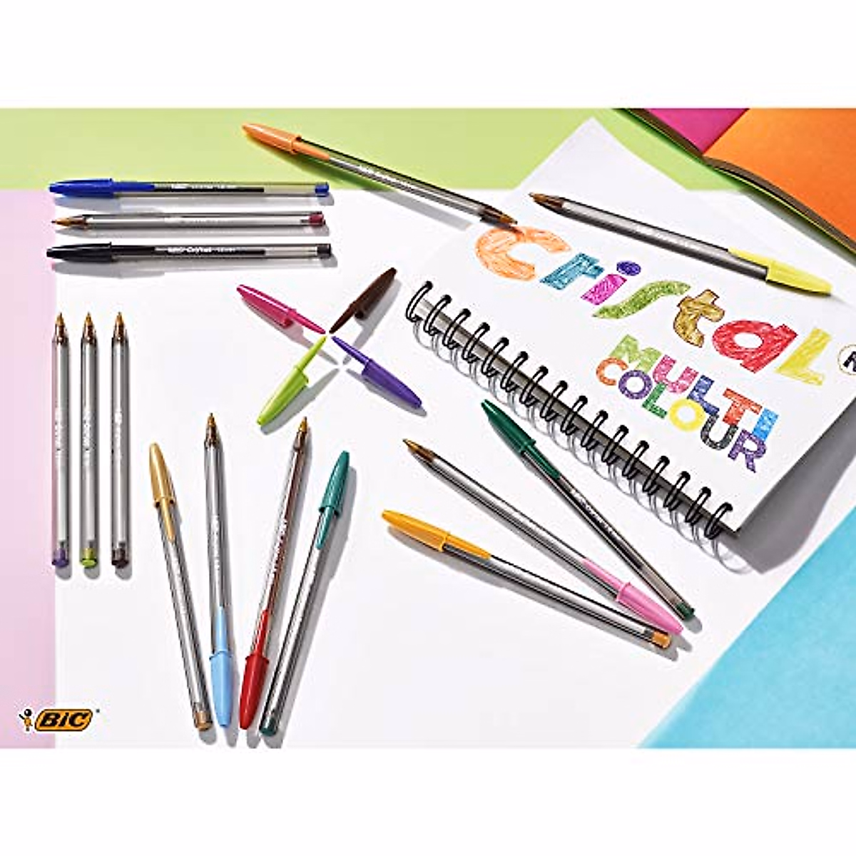BIC Cristal Multicolour Ballpoint Pens With Wide Tip (1.6mm) Pens For Colourful Writing In Assorted Colours, Pack Of 15