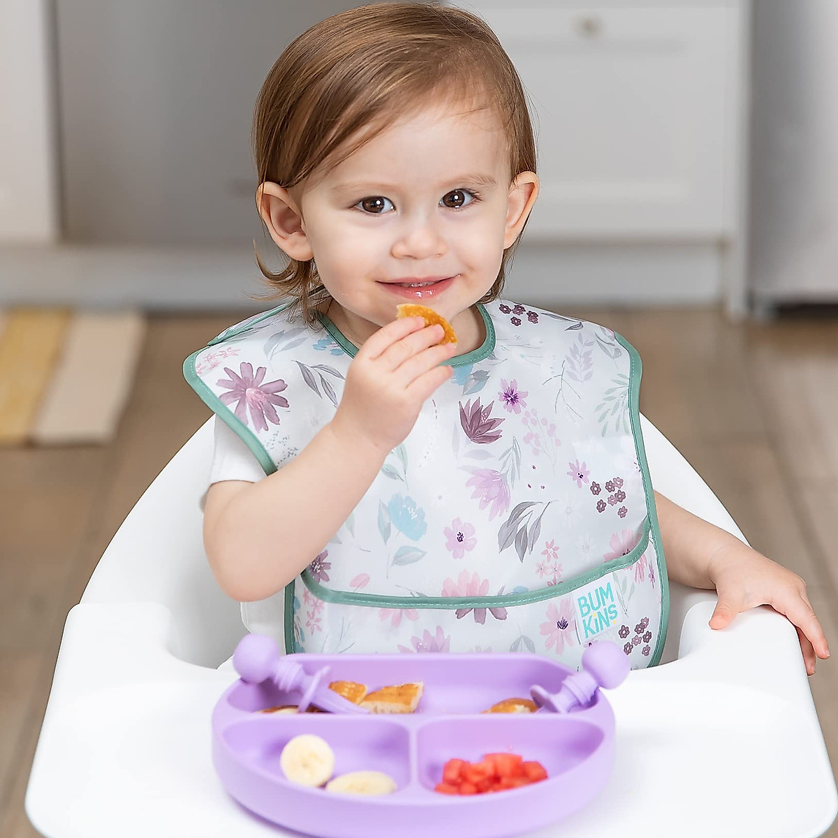 Bumkins Bibs for Girl or Boy, SuperBib Baby and Toddler for 6-24 Months, Essential Must Have for Eating, Feeding Set, Splat Mat for Under High Chair, Mess Saving, Waterproof Fabric, Floral Gray