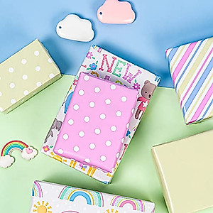 WRAPAHOLIC Reversible Baby Shower Wrapping Paper - Mini Roll - 3 Rolls - 17 Inch X 120 Inch Per Roll - Solid Green, Polka Dot, Stripes, Rainbows, Cute Animals & New Baby Lettering