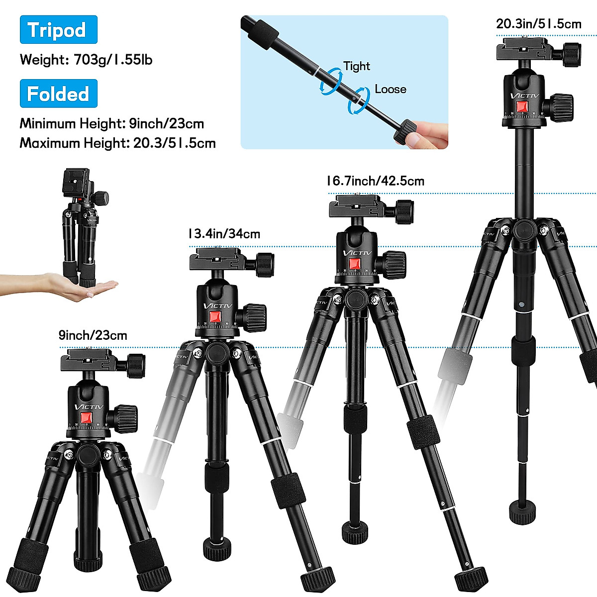 Tabletop Tripod, 20 inch Portable Desktop Mini Tripod for Camera with 360 Degree Ball Head, Aluminum Small Travel Tripod, Compatible with DSLR Camera/Video Camcorder/Cell Phone/Spotting Scope (Black)