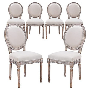 COLAMY French Country Vintage Dining Chairs Set of 6, Upholstered Farmhouse Dining Room Chairs with Round Back, Solid Wood Legs, Accent Side Chairs for Kitchen/Living Room/Bedroom-Classic Beige