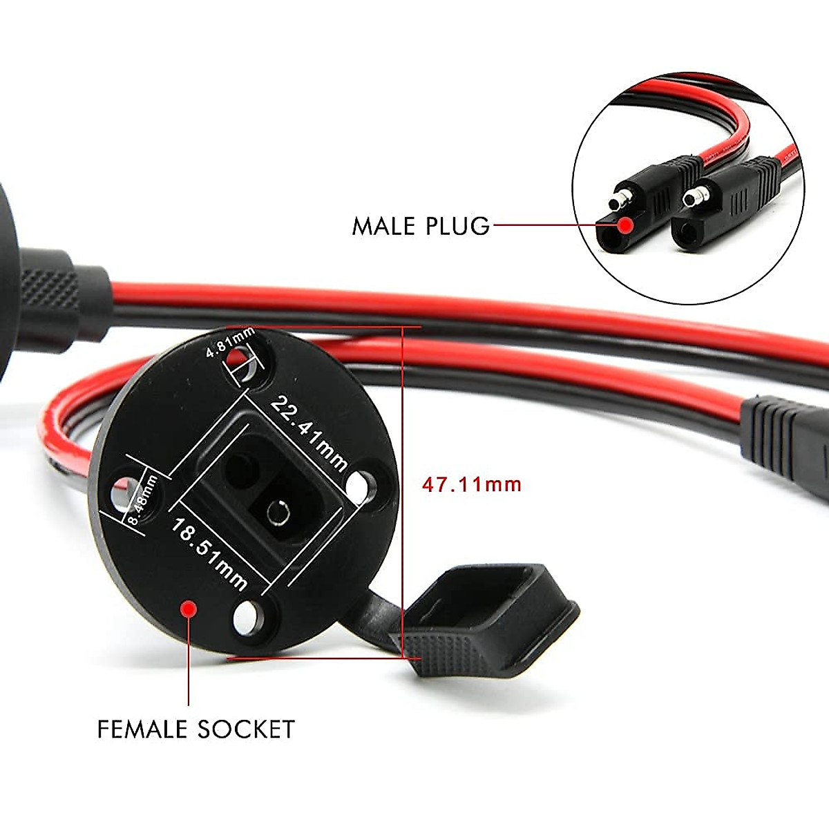 2 Pack SAE Power Socket Sidewall Port, Weatherproof SAE Quick Connector Harness, SAE Adapter Male Plug to Female Socket Cable 12AWG SAE Cable with 8 Screws for Solar Generator Battery Charger