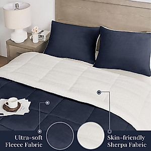 Basic Beyond Twin Comforter Set - Micromink Fleece Sherpa Comforter for Twin Bed, Soft and Warm Twin Bedding Comforter Set for Girls and Boys in Winter, Navy, 64"x88"