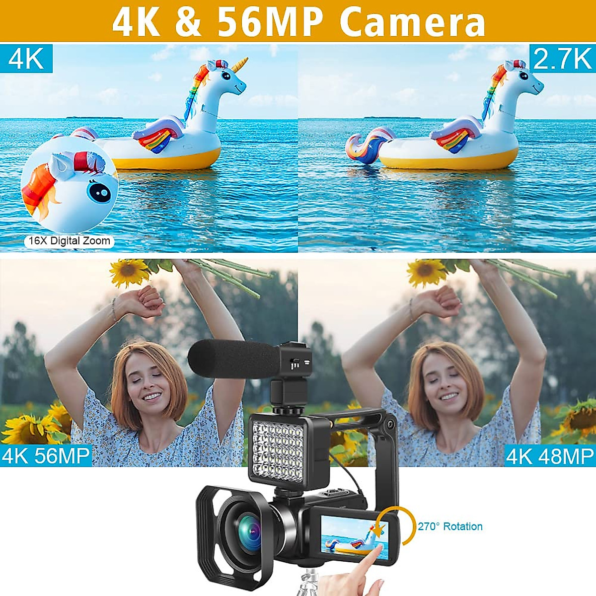Camcordy Video Camera Camcorder,4K 56MP 60FPS,IR Night Version Flip Screen 16X Zoom WiFi,Vlog YouTube Recorder Camera with Mic flash Lens Hood Stabilizer 2 Batteries 32BG 2.4G Remote Control Charger