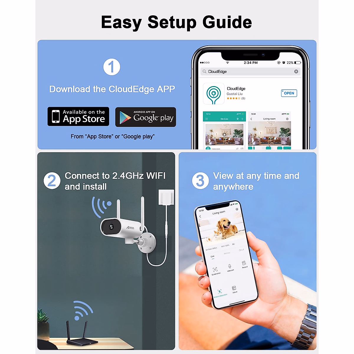 ANRAN Security Camera Outdoor with Pan Rotation 180° Feature, 1080P WiFi Outdoor Security Cameras for Home, IP65 Waterproof, Plug-in Power, 2.4G WiFi, SD and Cloud Storage, B4 White