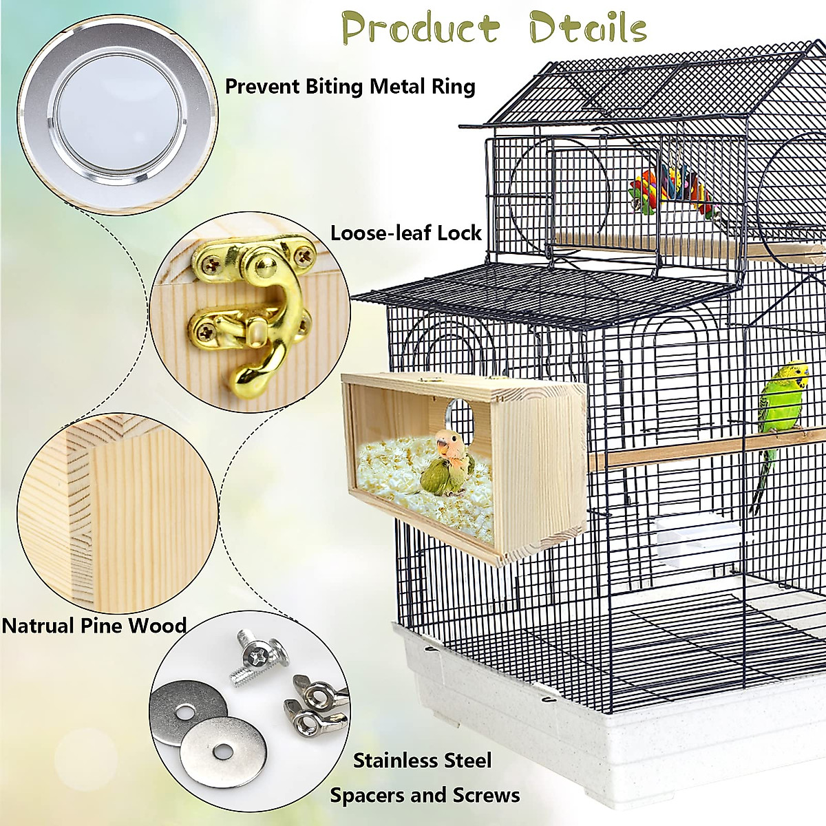 CooShou Parakeet Nesting Box Cockatiel Nesting Natural Pine Bird Nest Bird Breeding Box House Acrylic Transparent Bird Box with Detachable Wooden Board for Lovebirds Cockatiel Budgie Conure Parrot L