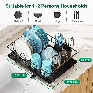 GSlife Dish Drying Rack with Drainboard - Dish Racks for Kitchen Counter, Rust-Resistant Compact Dish Drainer with Utensil Holder, Drain Spout and High Feet on Drip Tray, Black