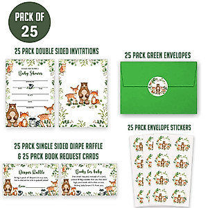 Yuzioey Woodland Baby Shower Invitations, 25 Pack Woodland Greenery Invitations Macthing Envelpoes, Diaper Raffle Tickets, Book Request Cards, Forest Creatures Invitations