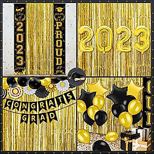 2023 Graduation Party Decorations, Black & Gold Graduation Decor Kits Include Banners and Balloons, Ideal Congrats Grad Decorations For High School, College
