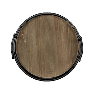 Stratton Home Decor Metal and Wood Tray - Farmhouse Round Tabletop Tray for Table Decoration - Rustic Ornament for Coffee Tables, Credenza, Countertop - Black Handles, Matt Surface - Housewarming Gift