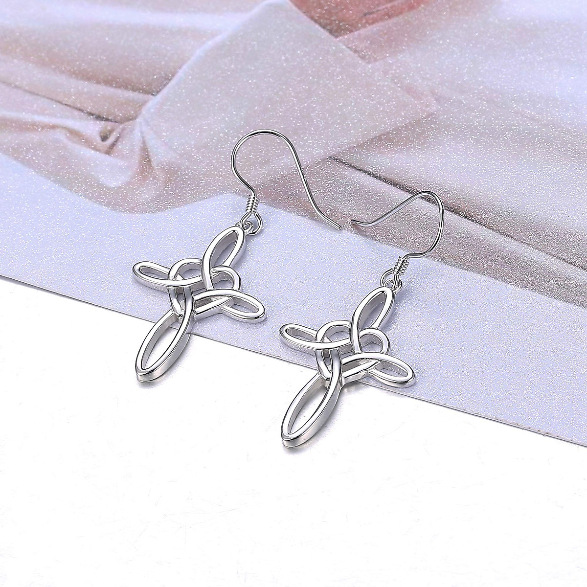 Sllaiss Sterling Silver Celtic Knot Cross Dangle Earrings White Gold Plated Good Luck Vintage Cross Drop Earrings Irish Jewelry (Silver)