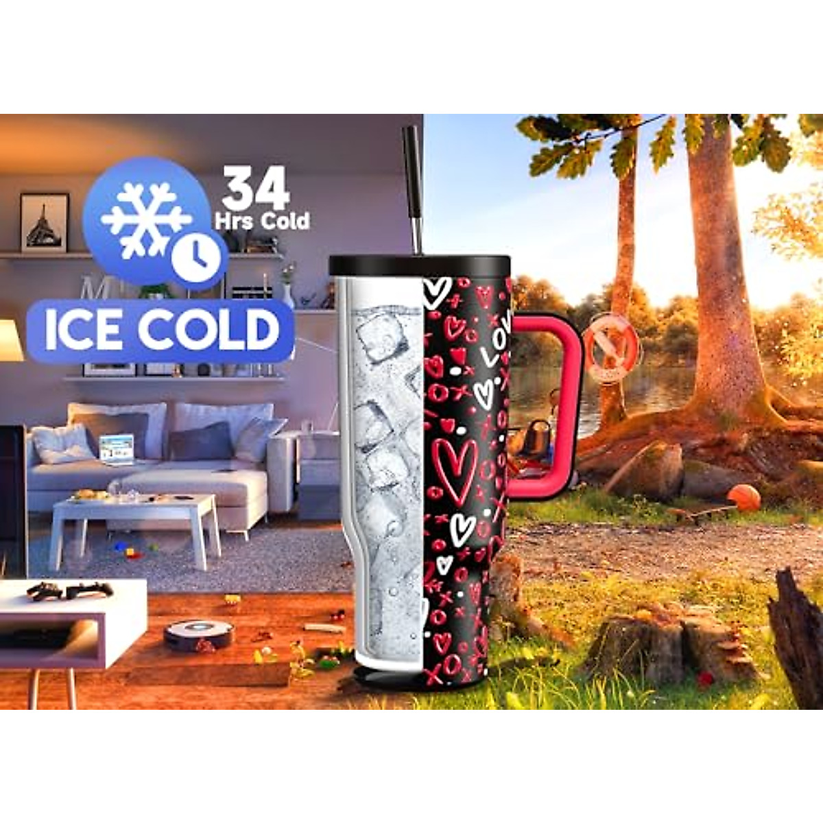 Meoky 40 oz Tumbler with Handle and Straw, 24 oz Insulated Tumbler with Lid and Straw, Stainless Steel Vacuum Insulated Tumbler, Keeps Cold, 100% Leak Proof, Fits in Car Cup Holder (Romance)