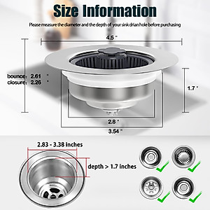 Upgraded 3 in 1 Kitchen Sink Drain Strainer - Stopper Set, Stainless Steel Kitchen Sink Stopper, Pop Up Anti-Clogging Sink Strainer Basket Filter for US Standard 3-1/2 Inch Kitchen Drain(1Pack)