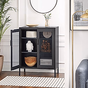 SONGMICS Metal Storage Cabinet with Mesh Doors, Multipurpose Storage Rack, 3-Tier Office Cabinet, Max. Load Capacity 55 lb per Tier, Black UOMC002B01