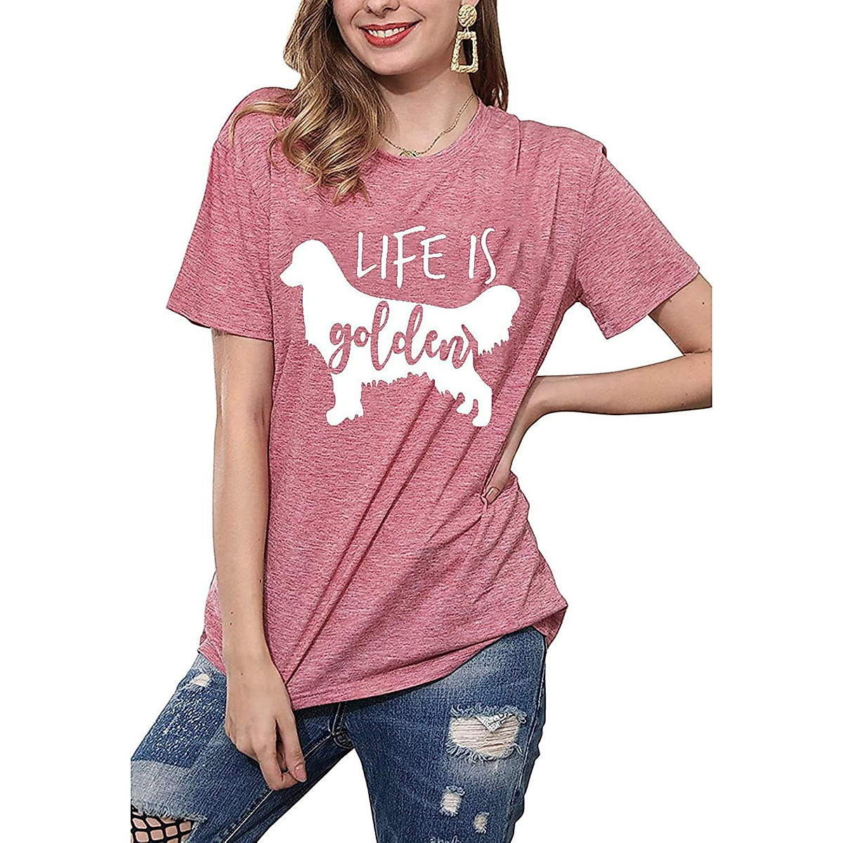 Life is Golden Shirt for Women Cute Dog Mom Graphic Short Sleeve Casual Mama Gifts T-Shirt (Pink, XL)