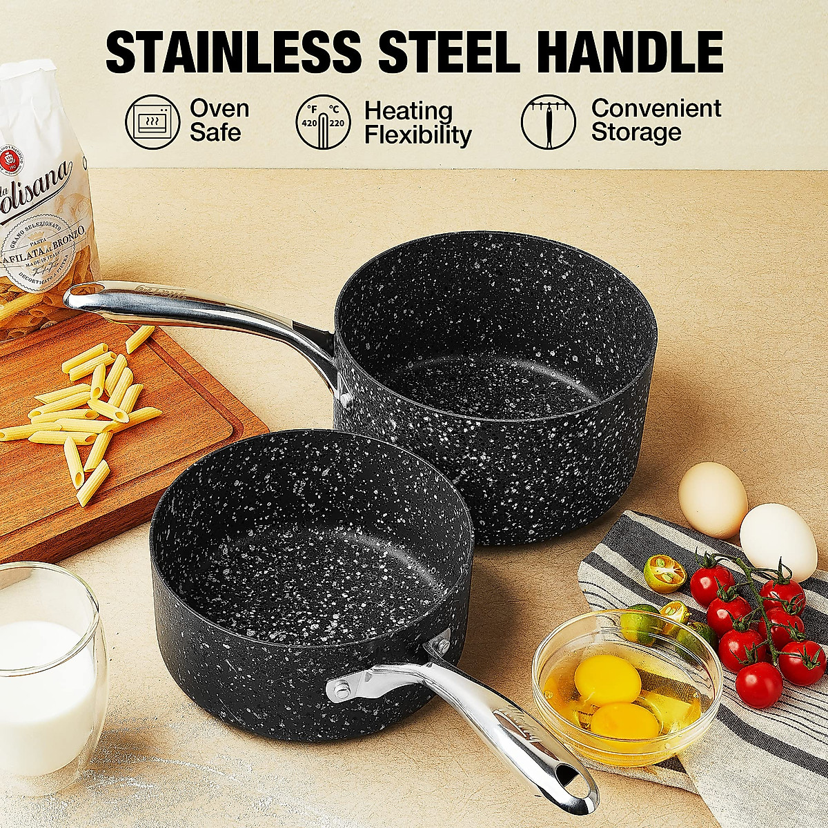 HLFRG Saucepan Set with Lid, Nonstick 2Qt & 3Qt Sauce Pan Set with Lid, Small Pot with Lid, Natural Granite Nonstick Saucepan Set, Small Sauce Pots, Black Pot Set - 2Qt & 3Qt