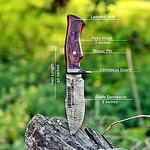 Handmade Damascus Bowie Knife For Hunting Skinning Outdoor Damascus Steel Survival Hunting Knife With Horizontal Carry Sheath Fixed Blade Damascus Hunting Belt Knife for Camping, Bushcraft Ergonomic Rose wood Handle | Cool Knives For Men Tactical (Rose Wo