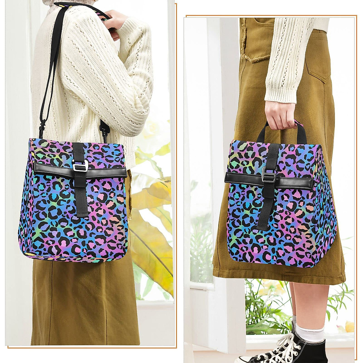 MNSRUU Insulated Lunch Bags Women Men, Rainbow Leopard Portable Reusable Thermal Meal Tote Cooler Bag Organizer, Adjustable Shoulder Strap, Handle