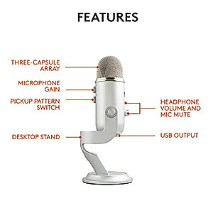 Blue Yeti USB Microphone for PC, Mac, Gaming, Recording, Streaming, Podcasting, Studio and Computer Condenser Mic with Blue VO!CE effects, 4 Pickup Patterns, Plug and Play – Silver