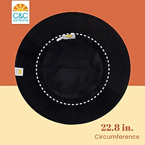 C & C California Bucket Hat, Corduroy Cotton Packable Travel Hat, Wide Brim Summer Hat, Black, One Size